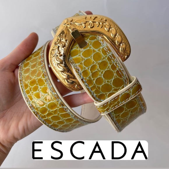 Escada | Accessories | Escada Vintage Leather Gold Belt Size 34 Snake ...